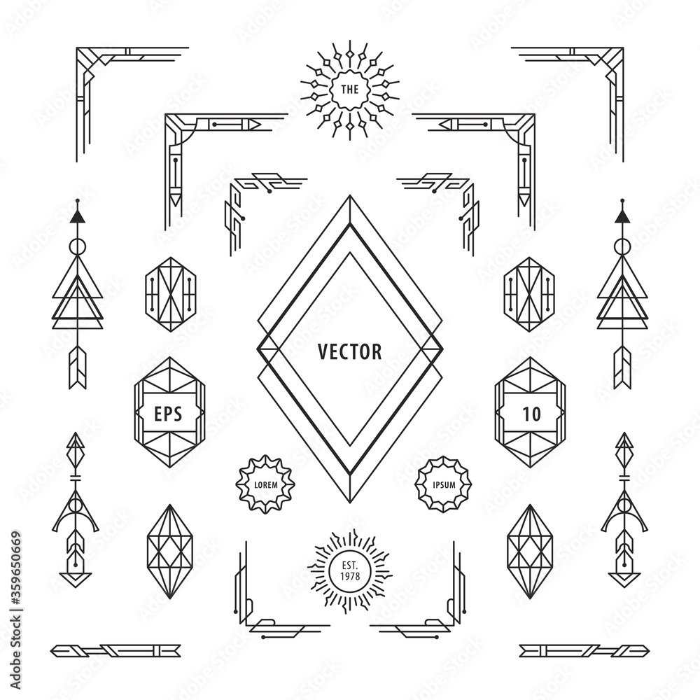 Set of vintage linear geometric tin line shape art deco retro design ...