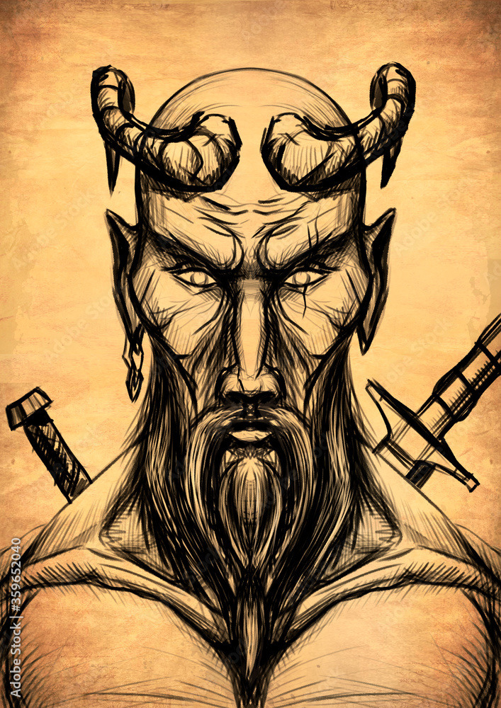 Fantasy character close up, brutal warrior, man, with horns and bald ...