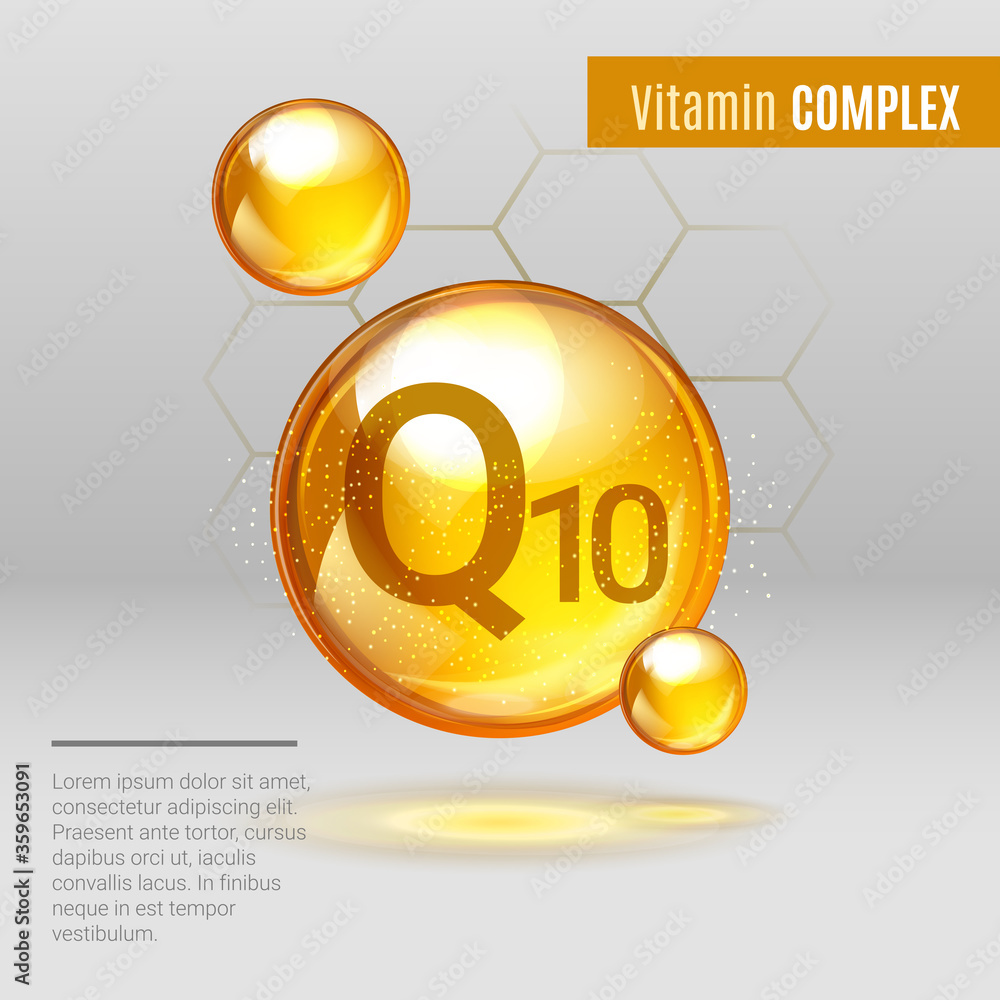 Vitamin Q10 gold shining pill capsule icon . Vitamin complex with ...