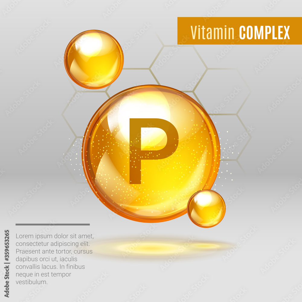Vitamin P gold shining pill capsule icon . Vitamin complex with ...