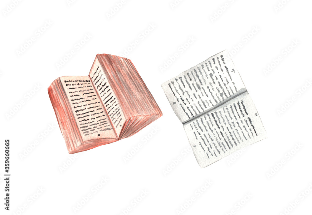 Watercolor hand drawn book in open form,in beige and grey color ...