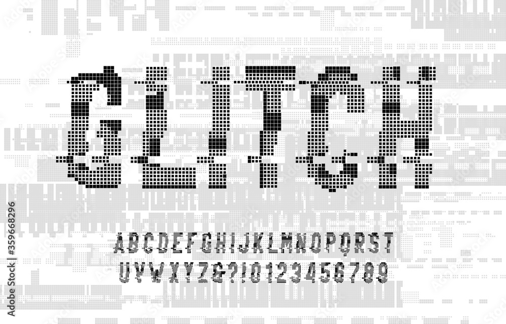 Glitch alphabet font. Digital distorted pixel letters and numbers ...