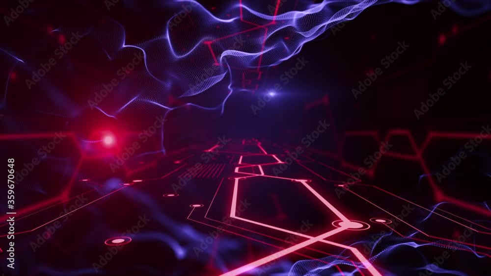Abstract animation of neon, glowing light lasers and waves bouncing ...