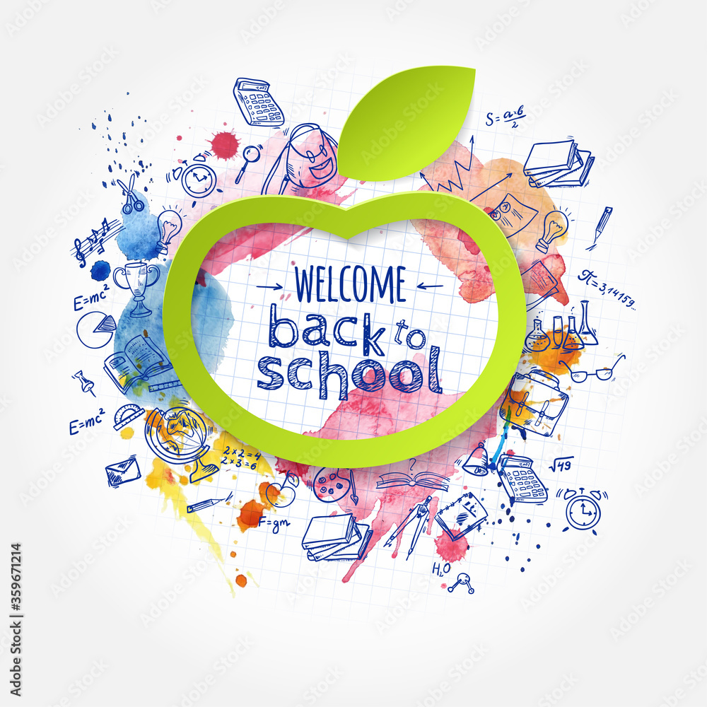Welcome back to school creative banner with hand drawn doodle elements ...