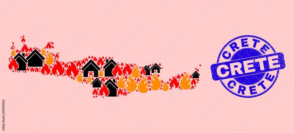Fire disaster and realty composition Crete map and Crete scratched seal ...