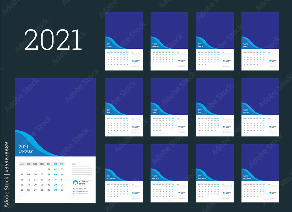 Wall calendar template for 2021 year. Week starts on Monday. Vector ...