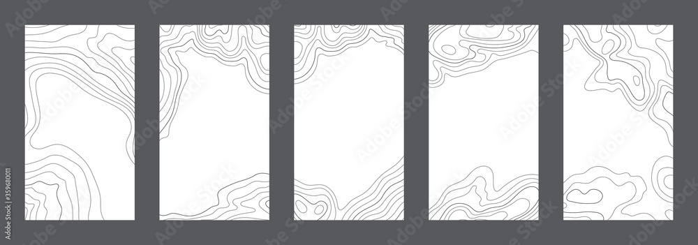 Contour lines on topographic maps, geographic map pattern. Vector set ...