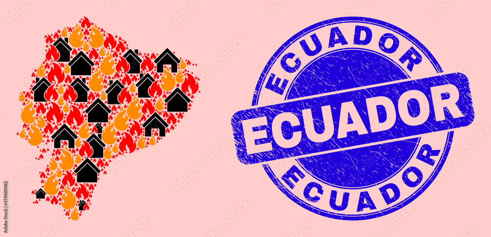 Fire disaster and buildings collage Ecuador map and Ecuador textured ...