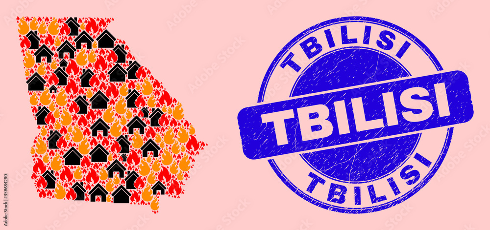 Fire disaster and property collage Georgia State map and Tbilisi rubber ...