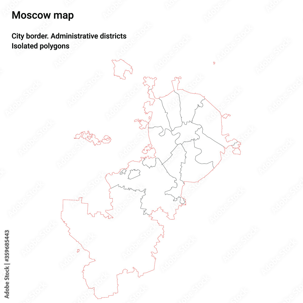 Moscow map. City border, administrative districts. Isolated polygons ...