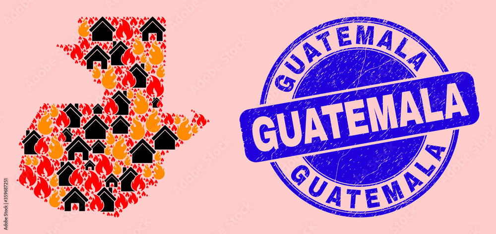 Vetor de Fire hazard and property collage Guatemala map and Guatemala ...