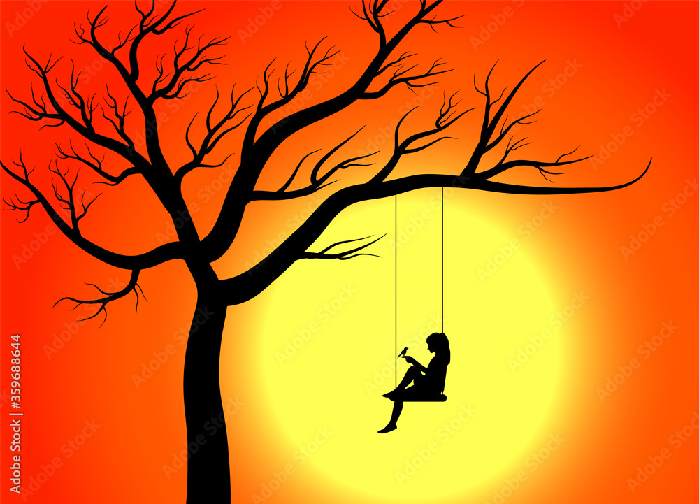 Swinging Girl Silhouette Swing On A Tree Branch In Which A Cute Girl