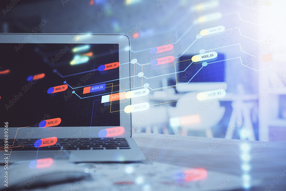 Technology theme drawing and table with computer. Multi exposure ...