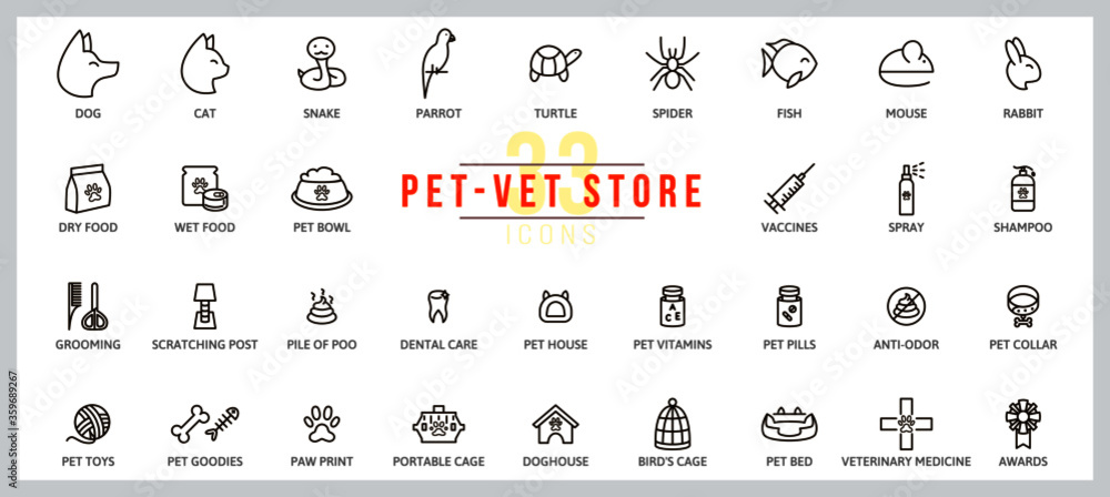 Set of icons pet vet store. Outline illustration vector. Pictogram for ...