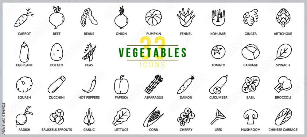 Set of icons vegetables. Outline illustration vector. Pictogram for web ...