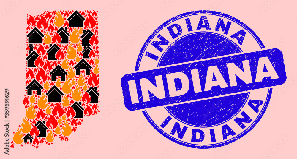 Fire and homes collage Indiana State map and Indiana grunge seal ...