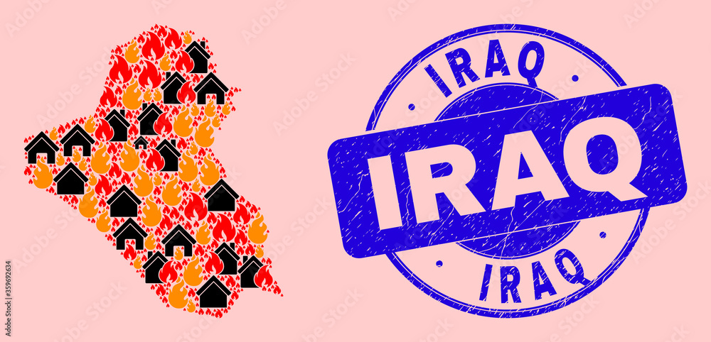 Fire disaster and realty collage Iraq map and Iraq scratched seal ...