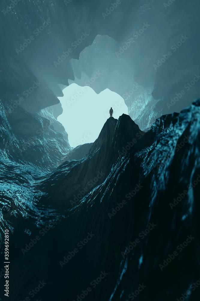 man exploring big cave, underground tunnel and cave entrance 3d ...