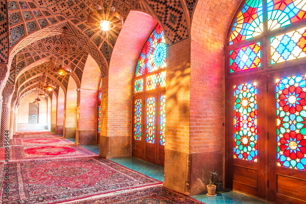Famous pink mosque decorated with mosaic tiles and religious ...