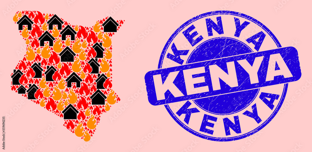 Flame and homes collage Kenya map and Kenya grunge stamp. Vector ...