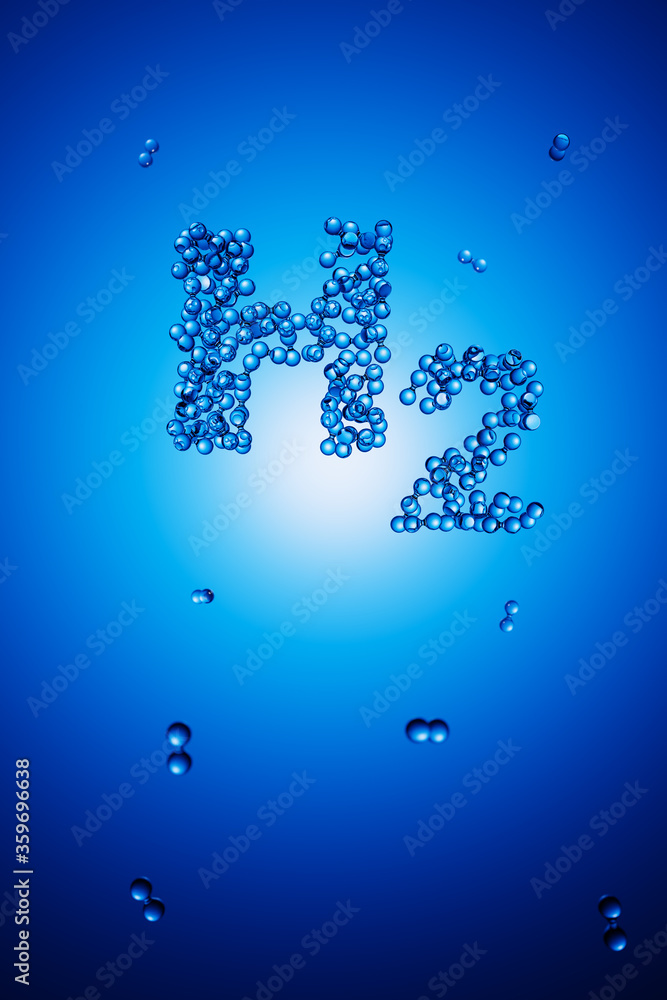 3d render: Abstract hydrogen molecules H2 forming the letters "H2" in ...