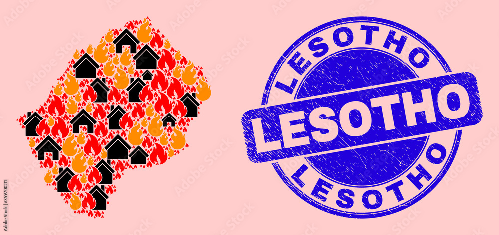 Fire disaster and buildings mosaic Lesotho map and Lesotho textured ...