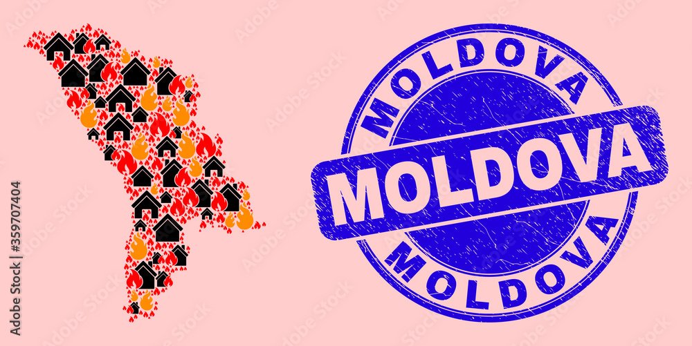 Fire and houses combination Moldova map and Moldova rubber stamp ...
