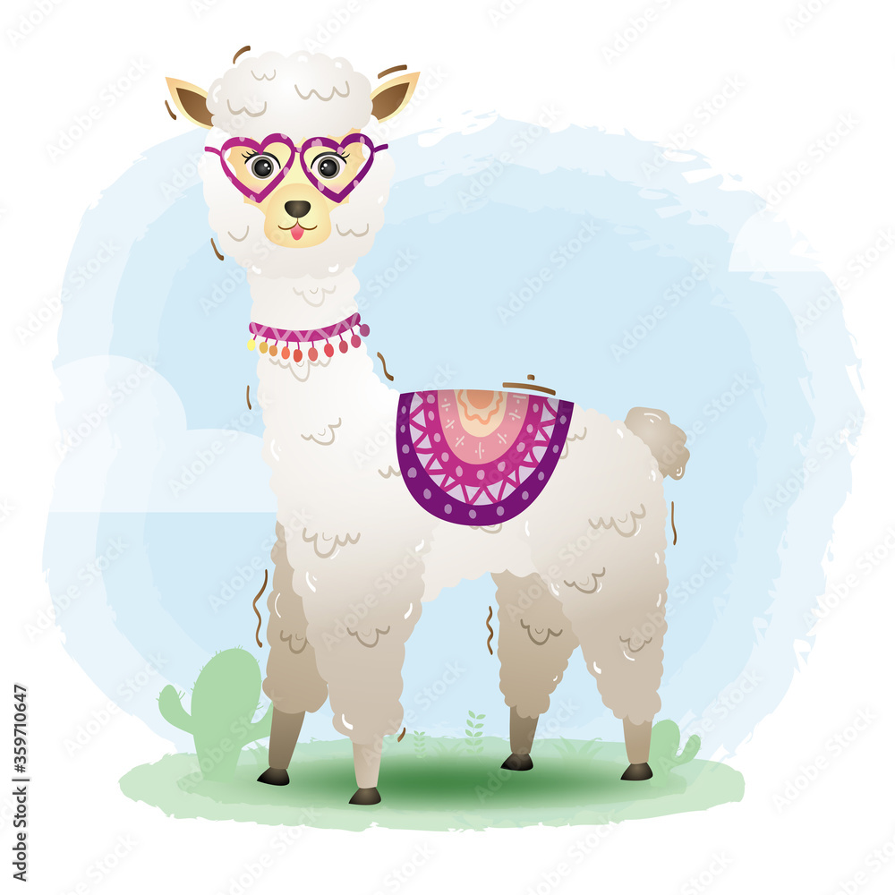 cute little alpaca with accessories in the children's style. cute ...