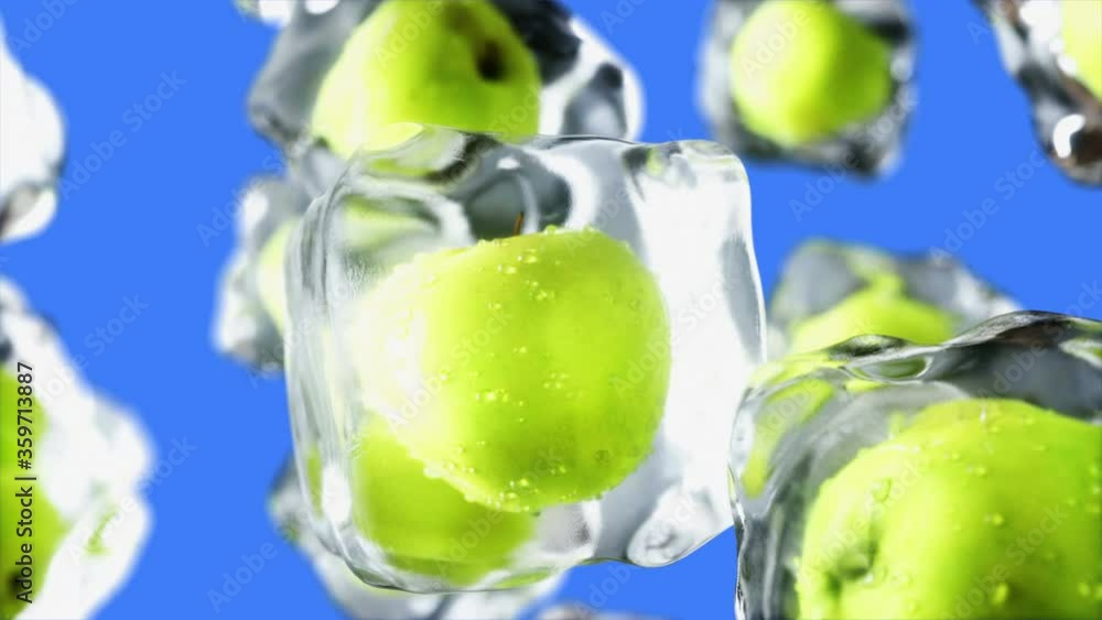 Apples rotate in ice cubes. Food and broadcast concept. Realistic ice ...