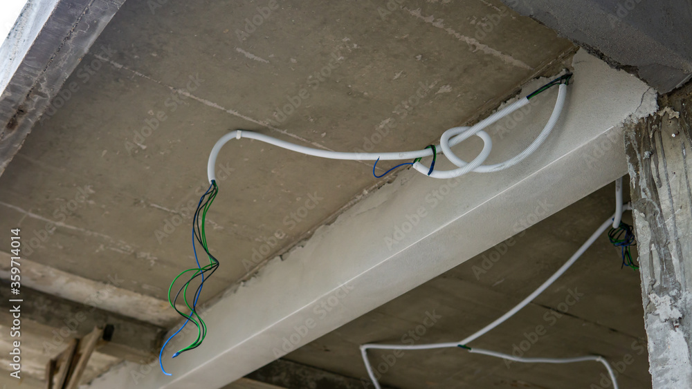 White PVC plastic wiring cable installation for house construction ...