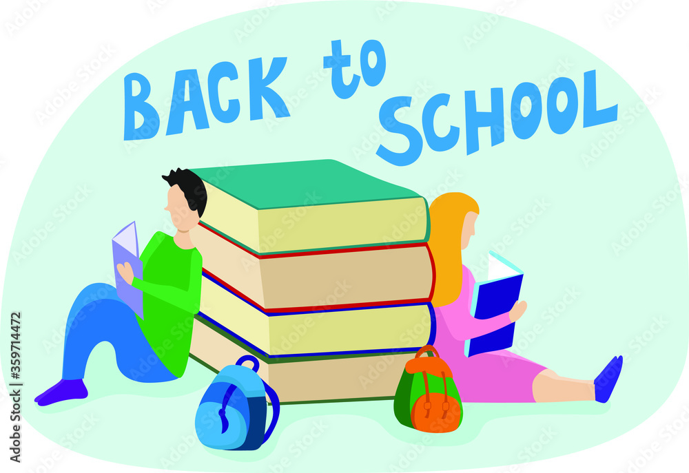 Boy and girl read books, study. get an education. a stack of books and ...