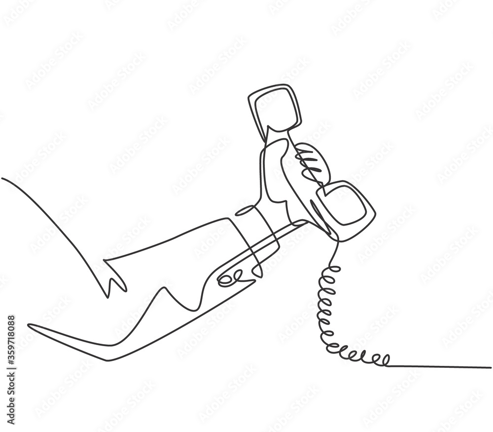 One single line drawing of gesture hand holding old classic analog ...