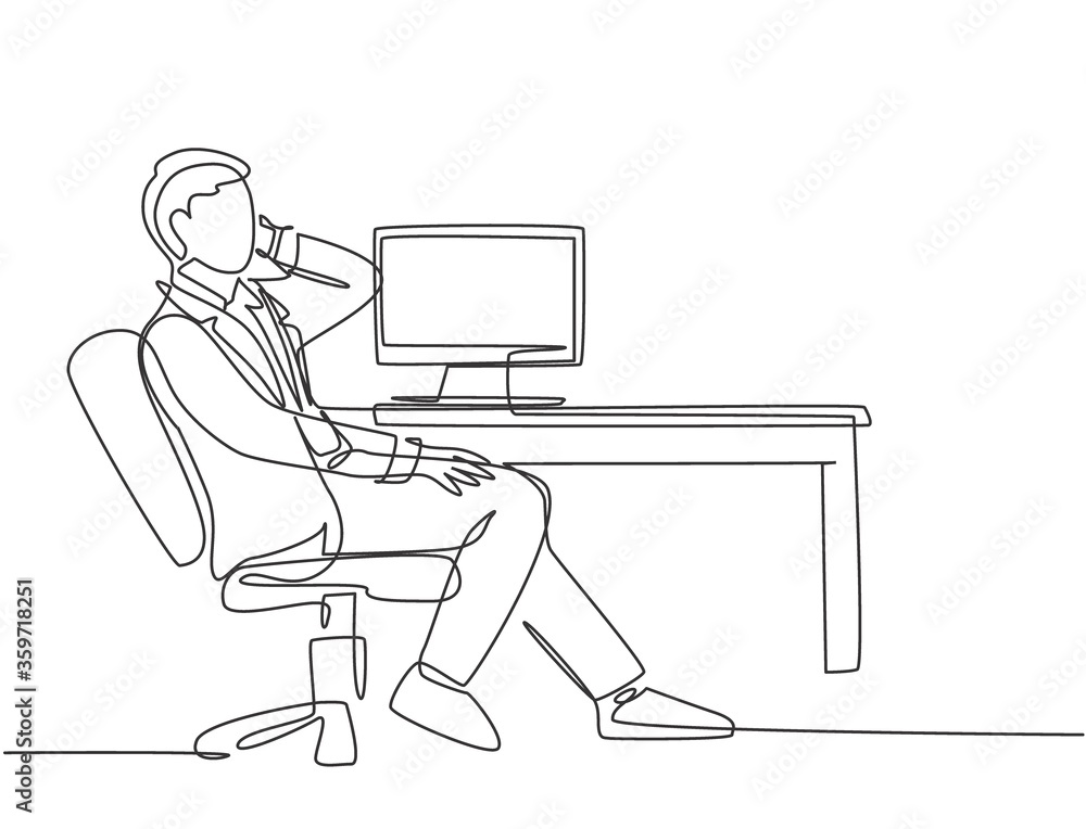 Single continuous line drawing of young male director sitting on work ...