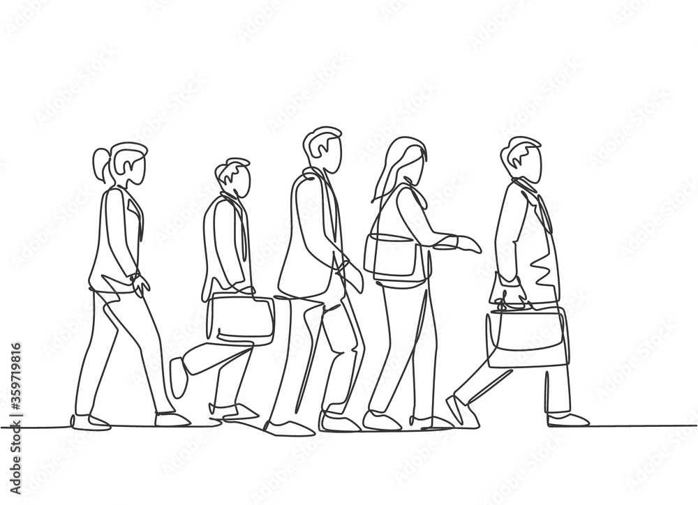One continuous line drawing of group male and female urban commuters ...