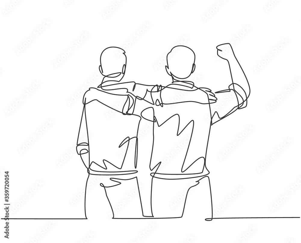 One continuous line drawing of two male workers at the office hugging ...
