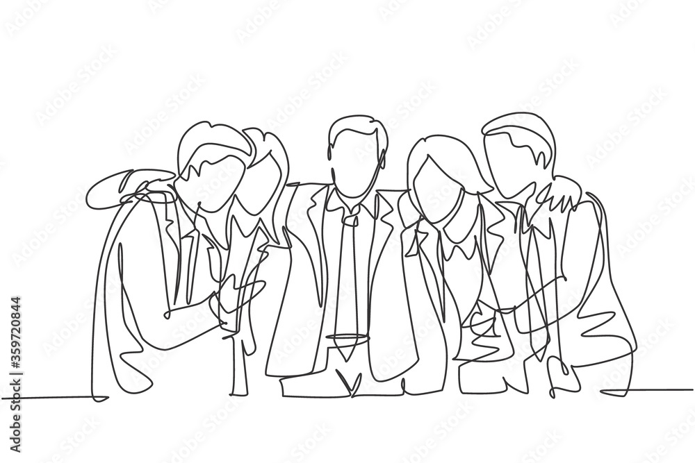 One continuous line drawing of young male and female business people ...