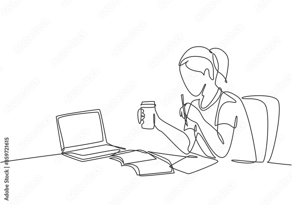 One single line drawing of young serious female employee sitting ...