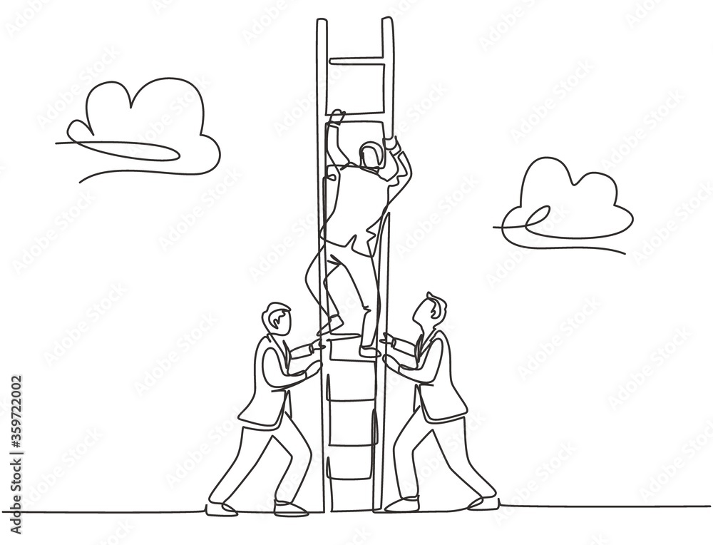 One continuous line drawing of team members support their leader to ...