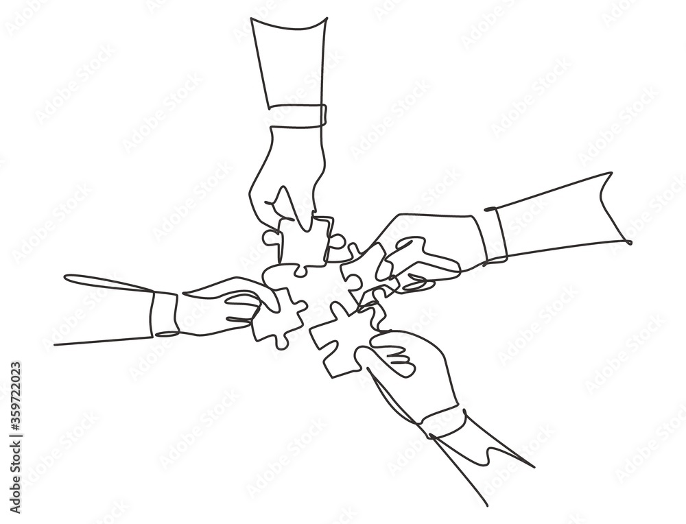 Single continuous line drawing of business team members unite puzzle ...