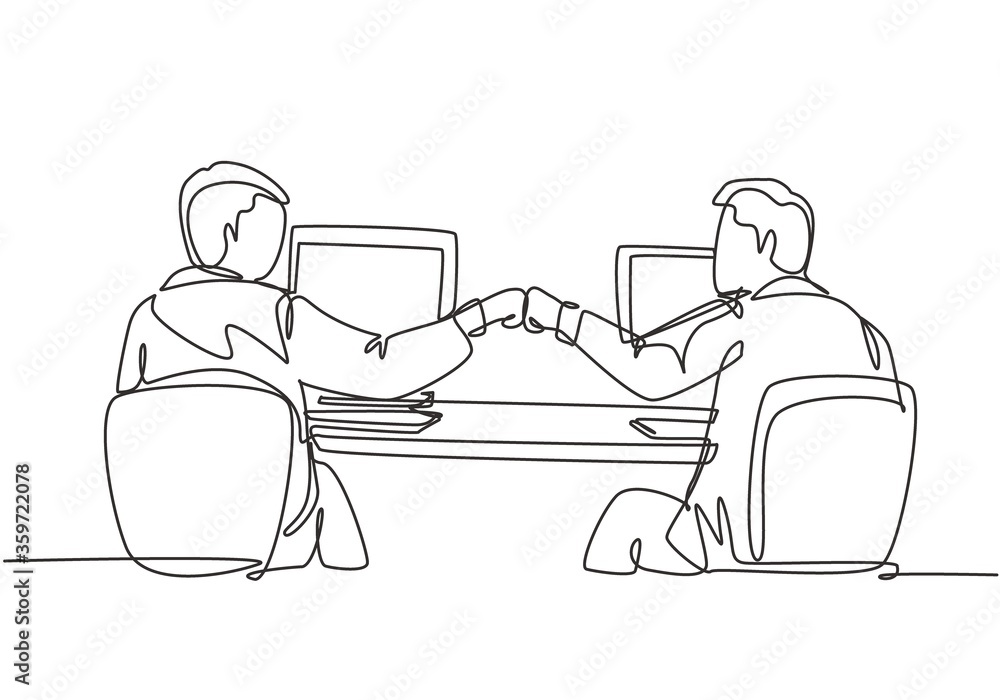 One continuous line drawing of two young happy male worker bump their ...