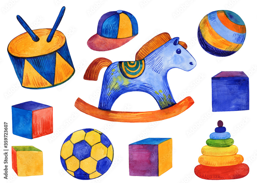 Watercolor children's collection. Small set of isolated elements - toys ...