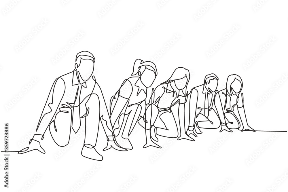 One single line drawing group of businessman and businesswoman get ...