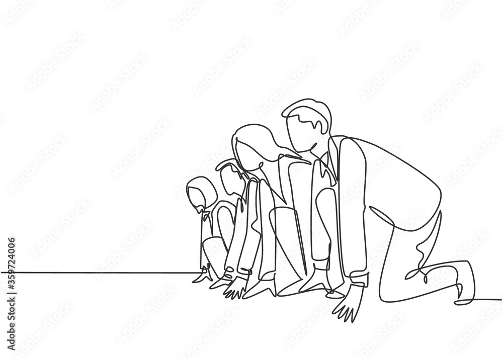 One single line drawing group of male and female worker gets ready on ...