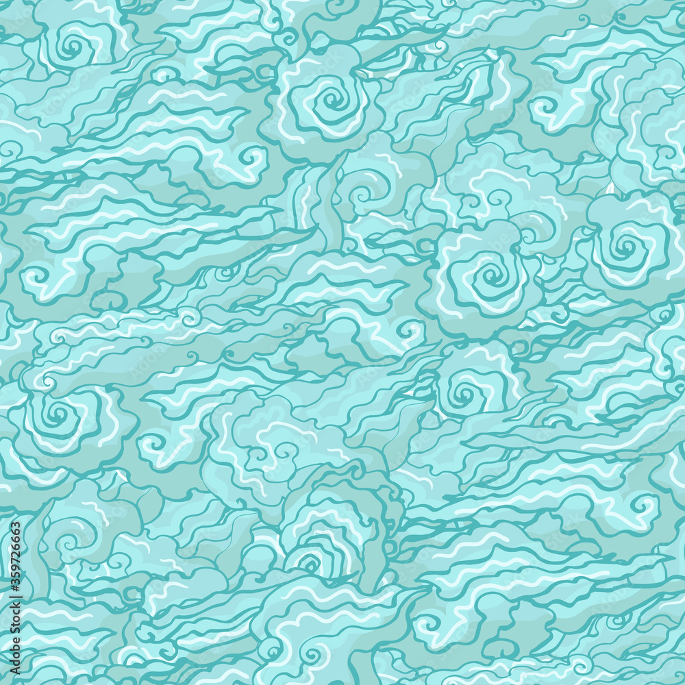 Realistic detailed hand drawn tile pattern of curly water waves or ...