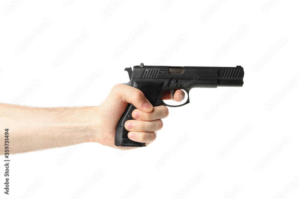 Male hand hold black pistol, isolated on white background Stock Photo ...