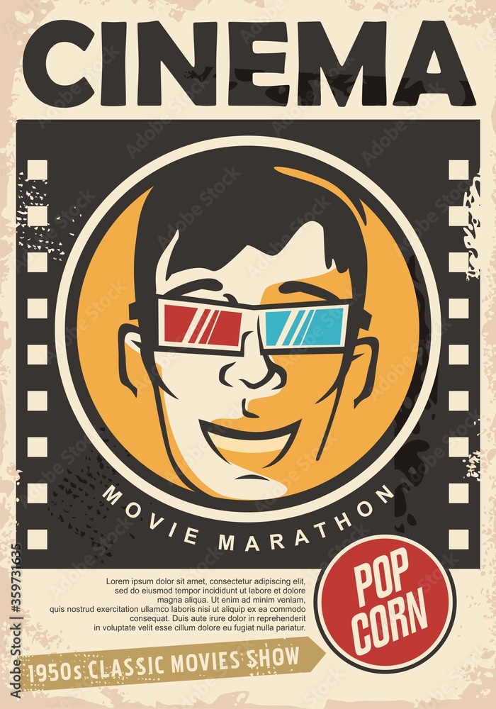 Cinema poster for 3D movie projections with happy guy and 3D glasses ...