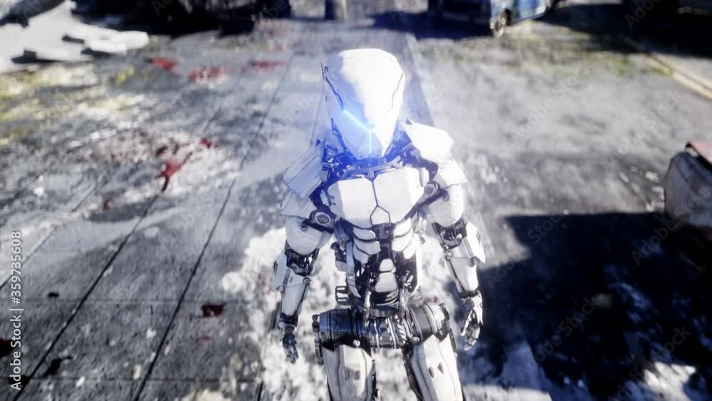 Military robot in destroyed city. Future apocalypse concept. Realistic ...