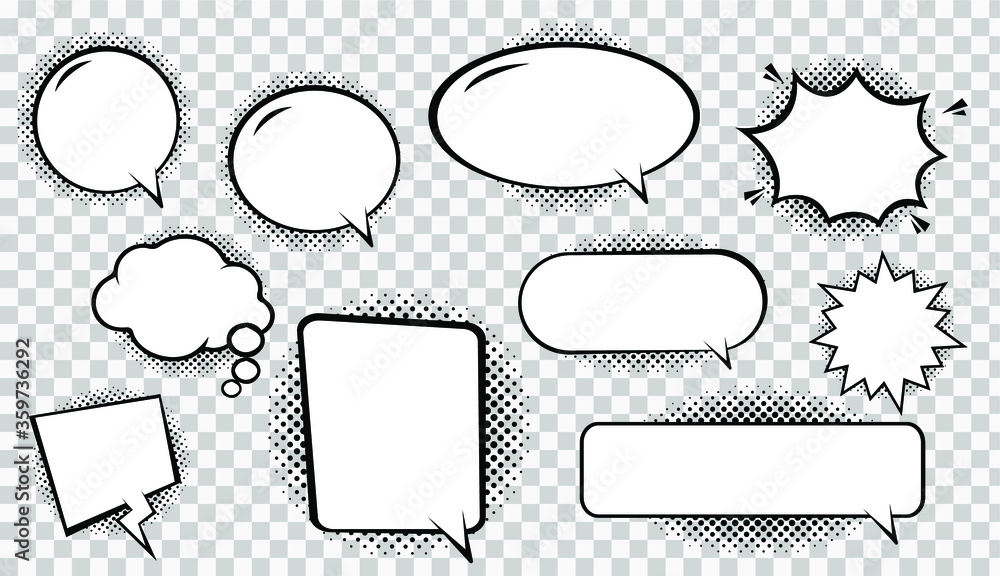 Retro empty comic bubbles and elements set with black halftone shadows ...