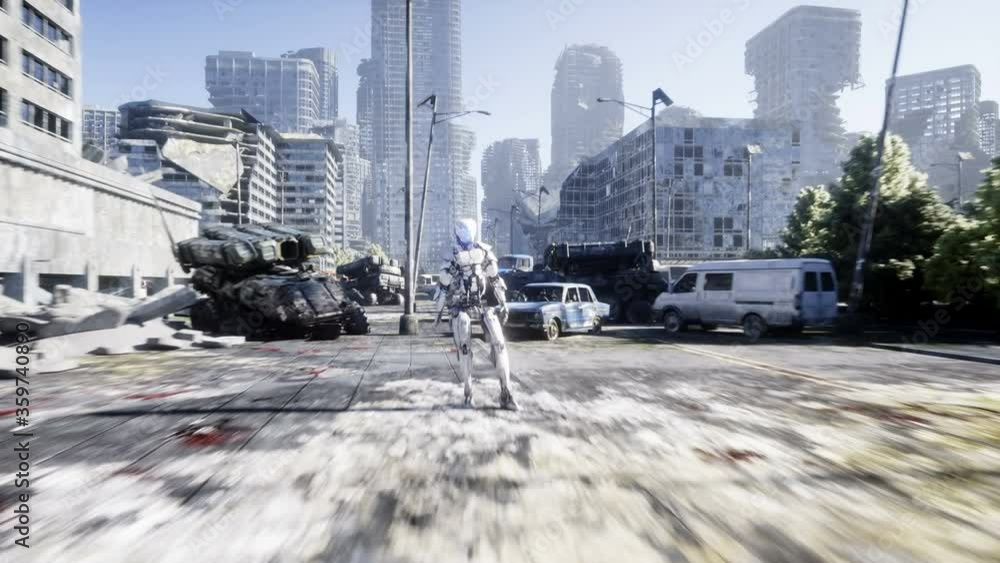 Military robot in destroyed city. Future apocalypse concept. Realistic ...