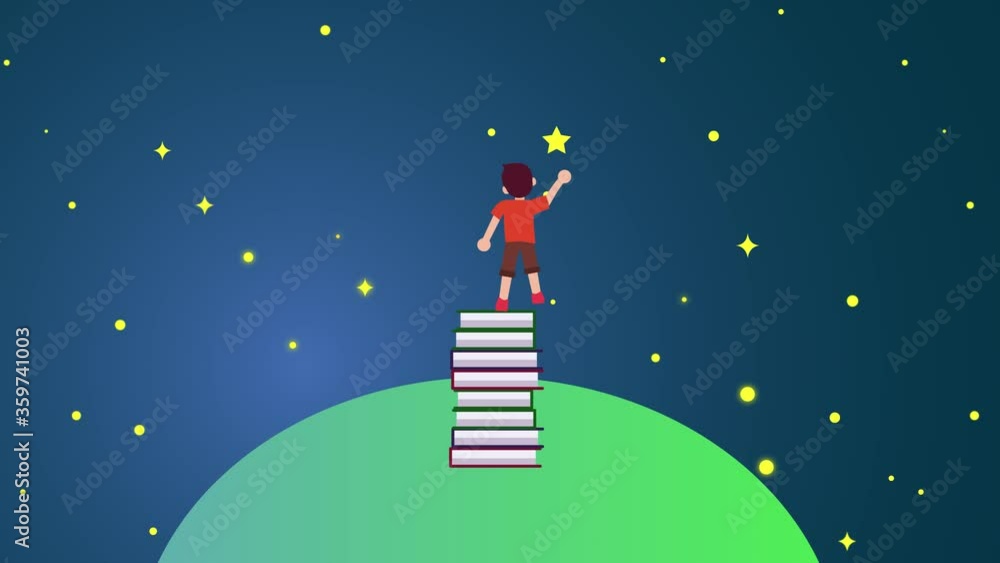 Little boy reaching a star while standing on books Stock ビデオ | Adobe Stock